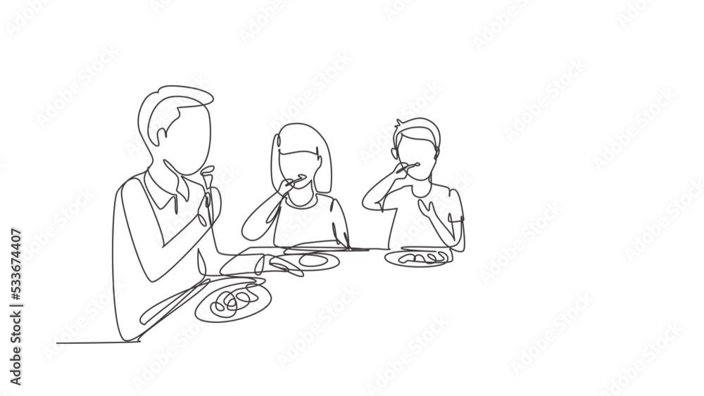Animated self drawing of single continuous line draw family eating meal ...