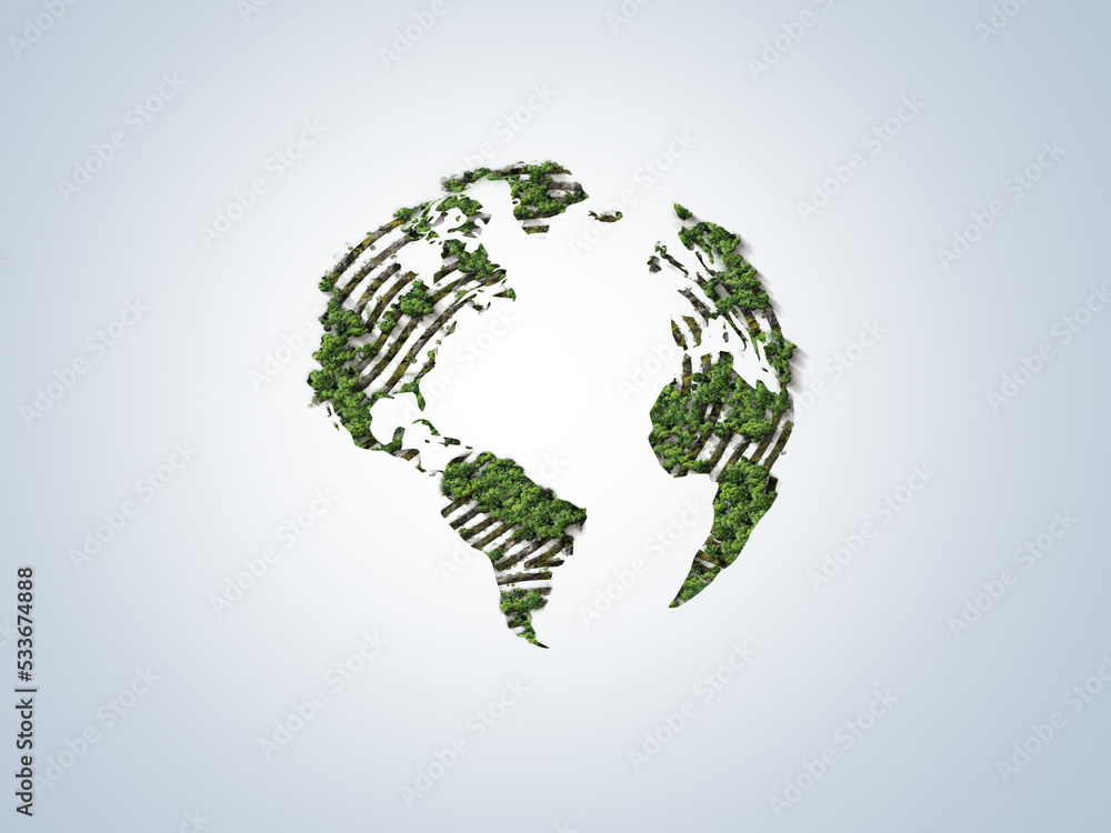 Green World Map finger print- 3D tree or forest shape of world map ...