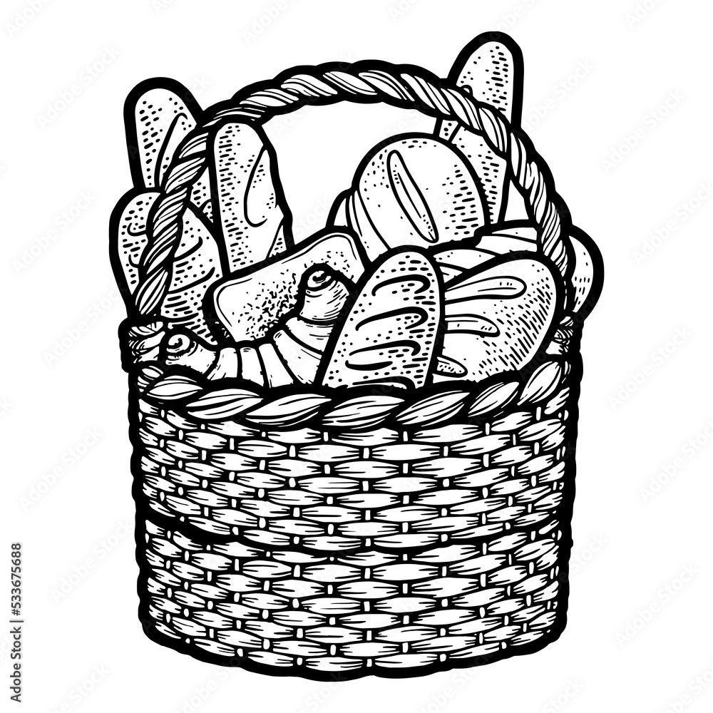 Photo & Art Print basket of bread sketch PNG illustration with ...