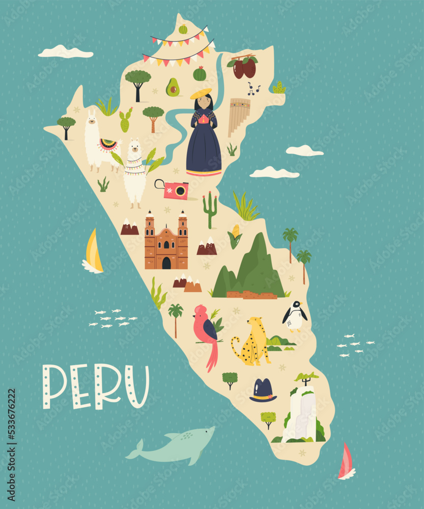 Illustrated colorful map of Peru with famous symbols of the country ...