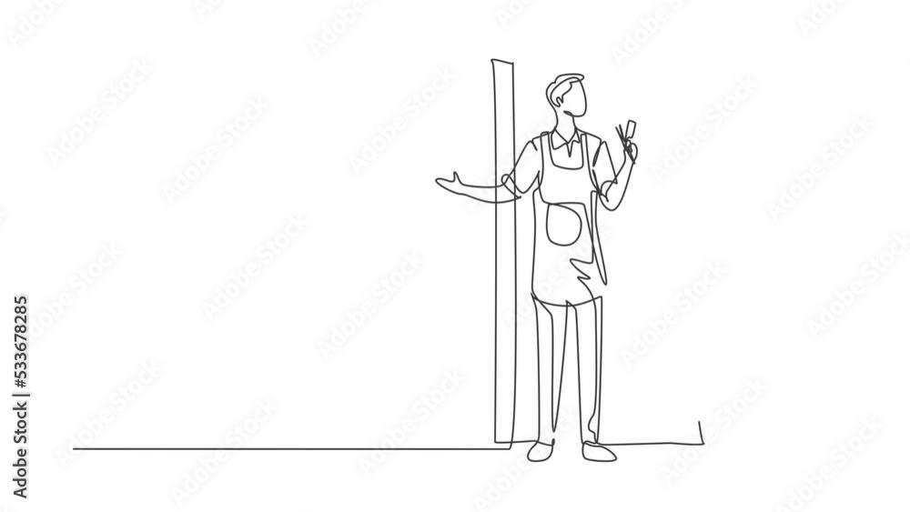Self drawing animation of single one line draw hipster client visiting ...