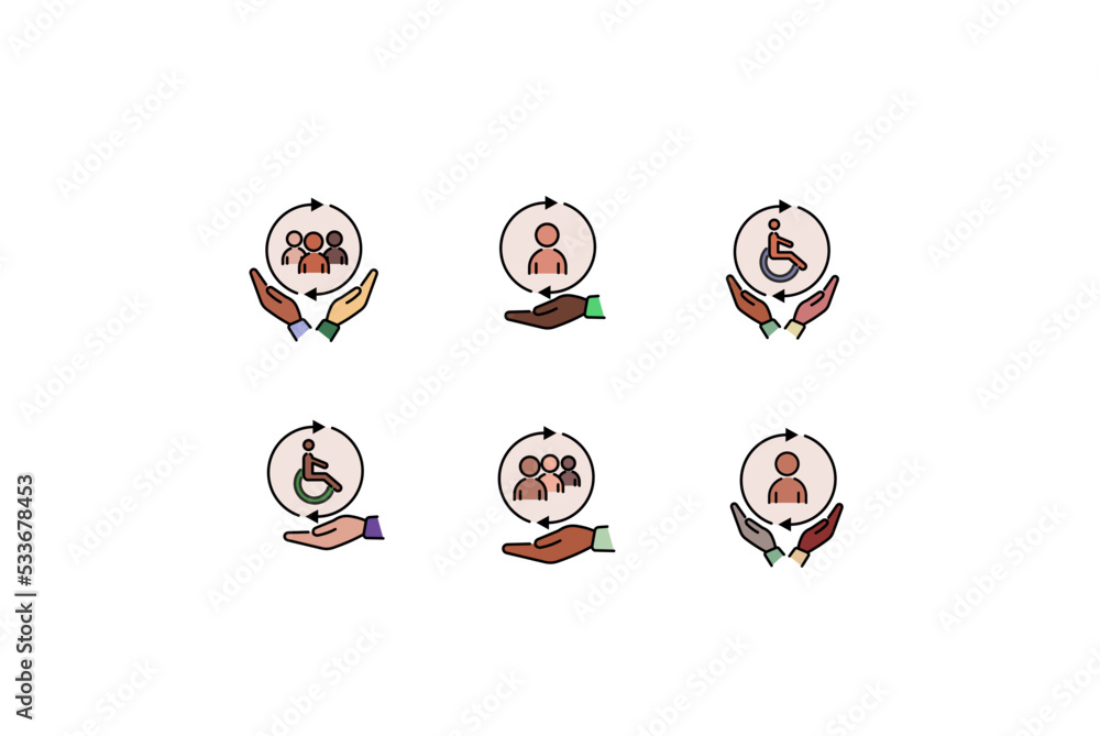 Inclusion, diversity and equality icons set. Icons with workers, people ...