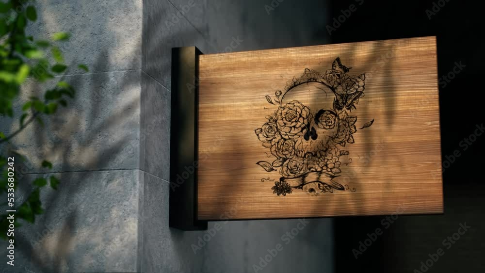 Elegant signboard with a tattoo of a skull, for a salon, with a moving ...