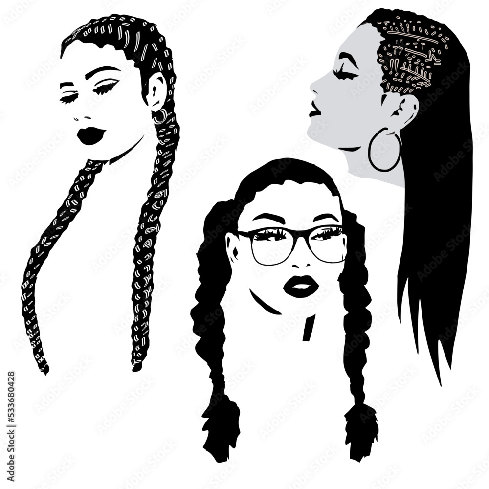 African braids hairstyles vector. Collection braided hair. Silhouette black Woman . Sistas Stock ...