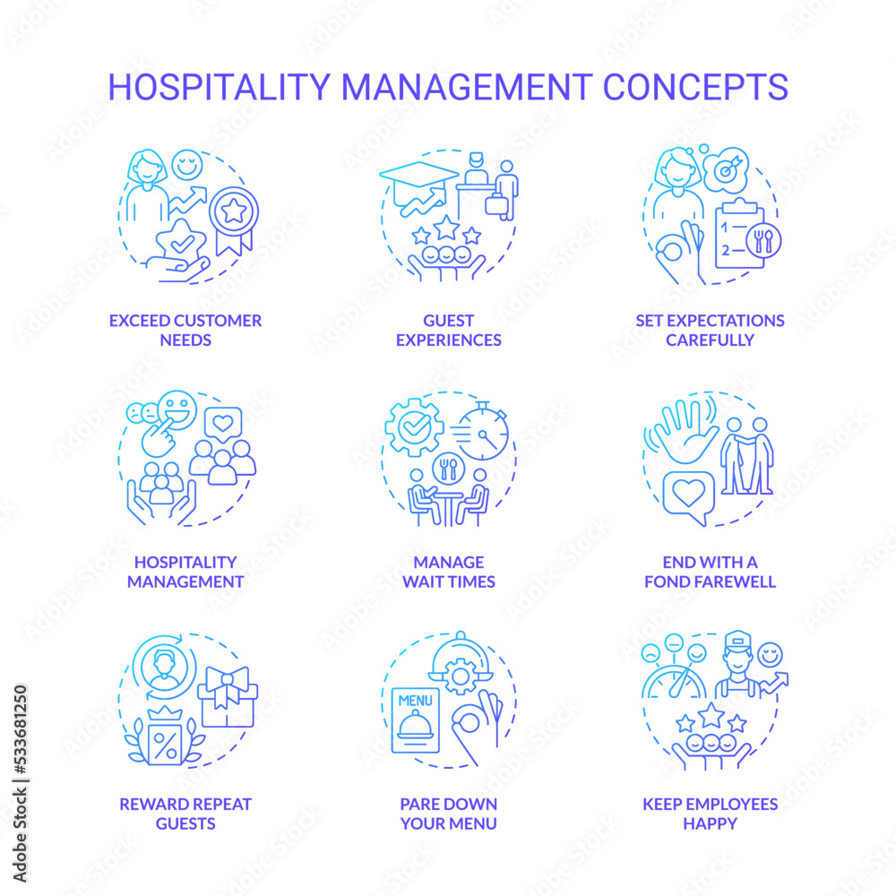 Hospitality management blue gradient concept icons set. Restaurant ...