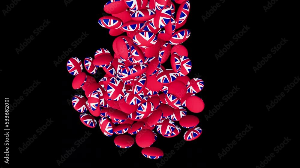 Colorful true candy falls, and candy has the United Kingdom flag drawn ...