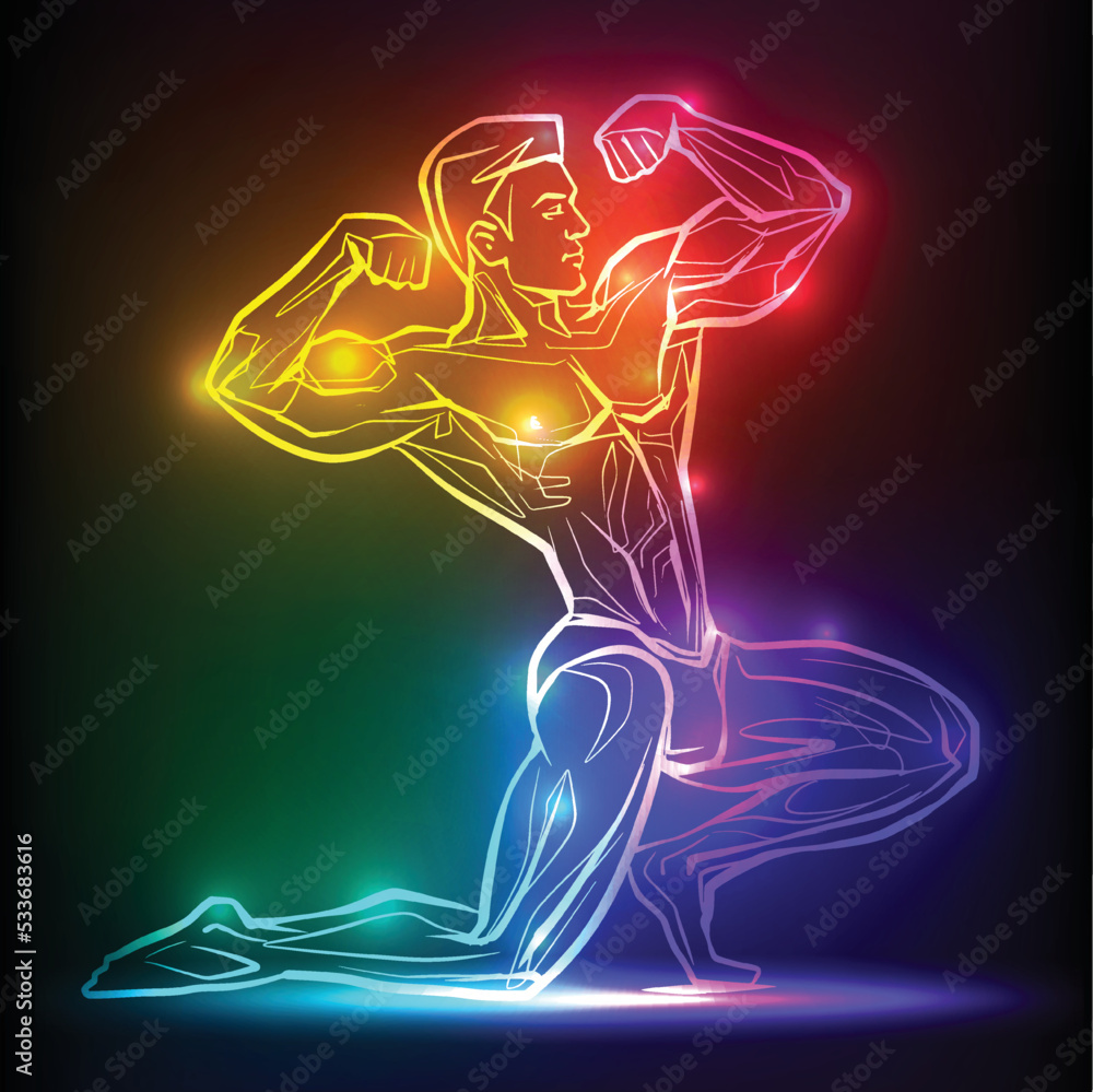 Bodybuilder muscle man fitness posing. Banner with neon silhouette of ...