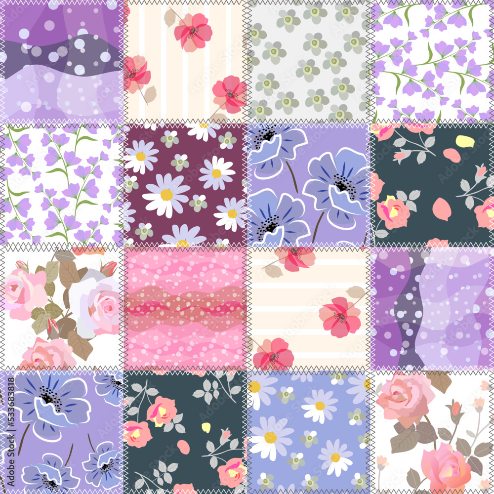 Delicate patchwork pattern of floral and polka dot patches ...