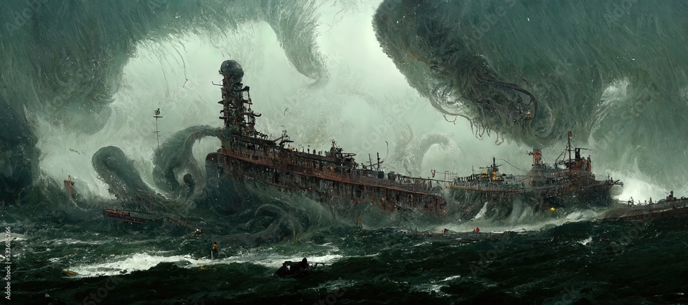 Howard Lovecraft sea monster stands Behind a ship at Sea, attacking a ...