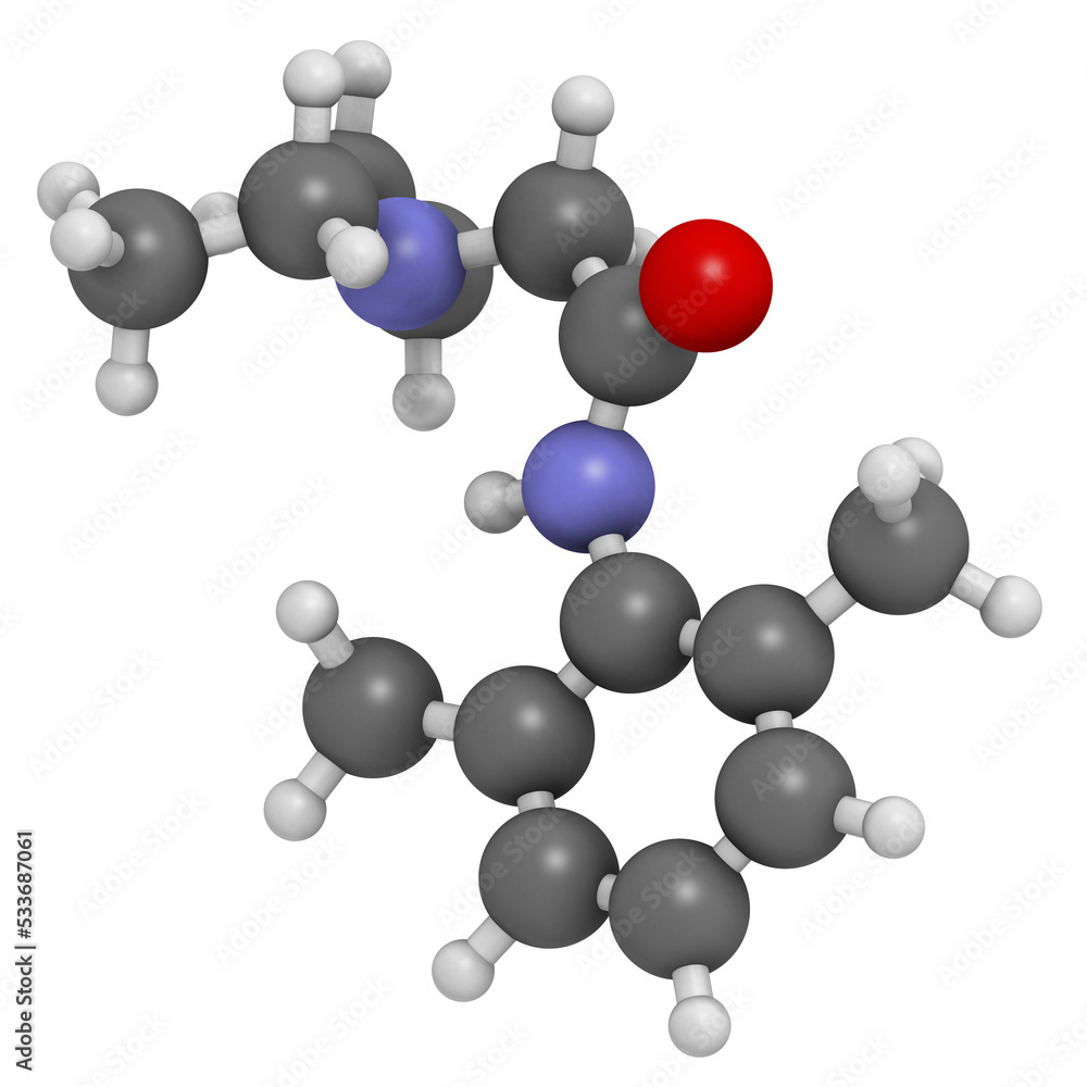 lidocaine local anesthetic drug molecule. Also known as xylocaine or ...