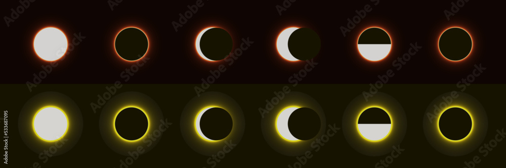 Set of sunset, neon light. Different phases of solar and lunar eclipses. On a black background ...