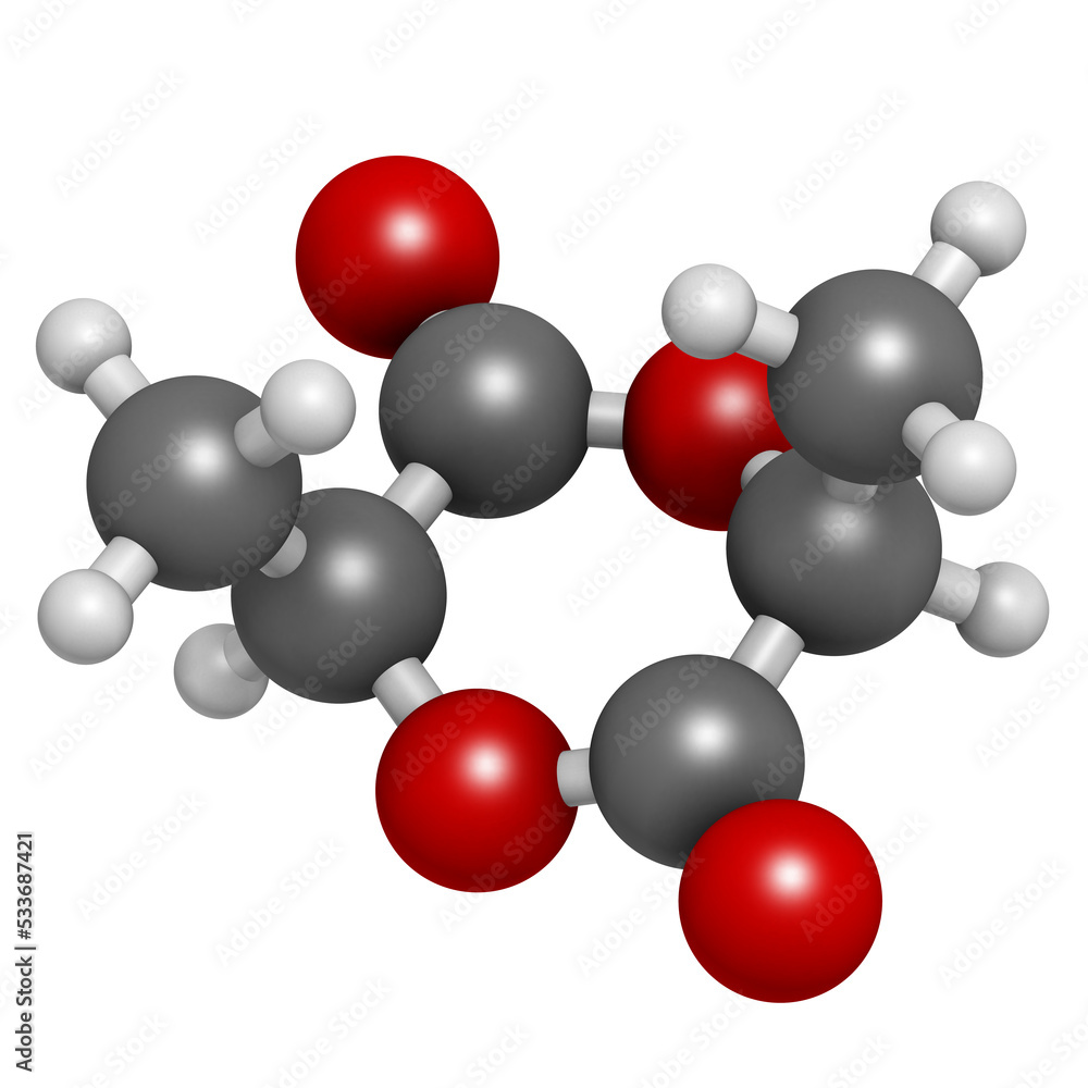 L-lactide PLA precursor molecule. Used in synthesis of polymeric ...