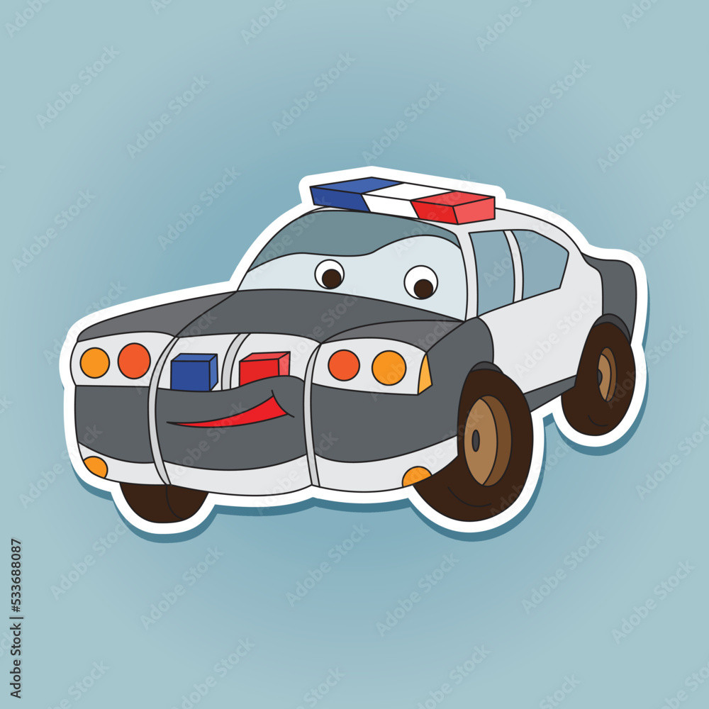 Cartoon police car sticker for boys. Small funny vector cute vehicle ...