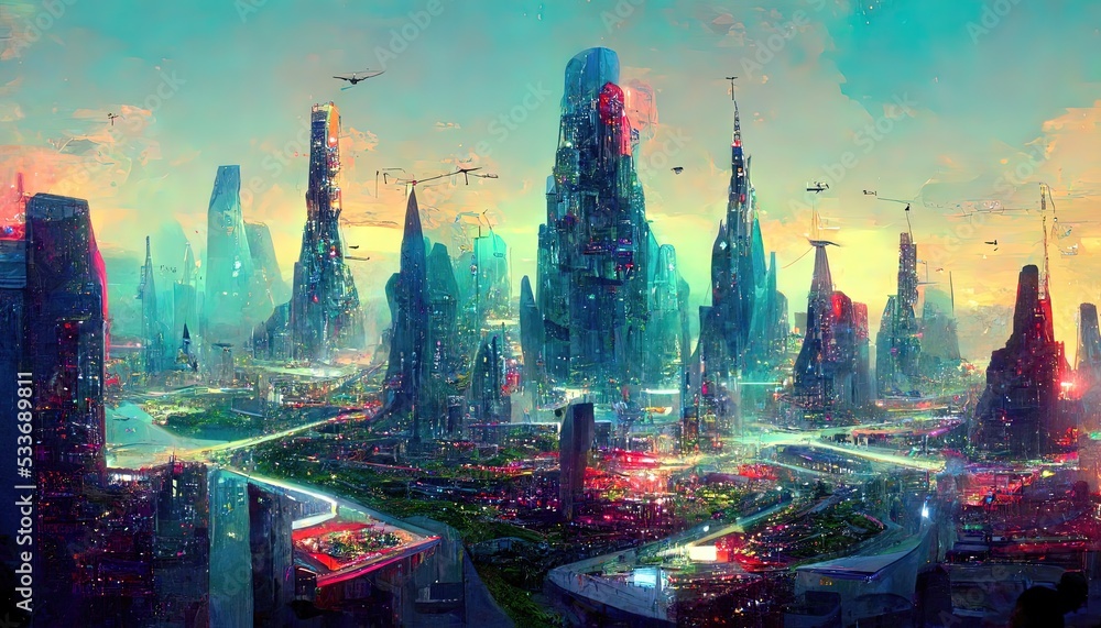 Cinematic city in metaverse, futuristic sci-fi high-tech city, daytime ...