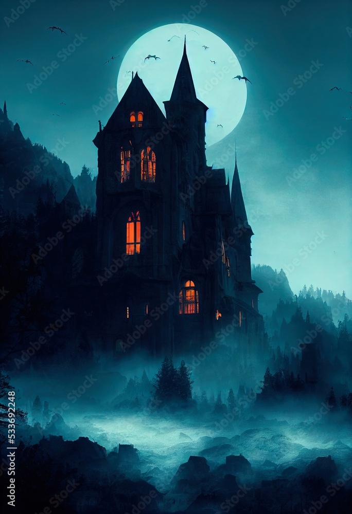 Mystical and spooky castle in the darkness and lightning flashes. An ...