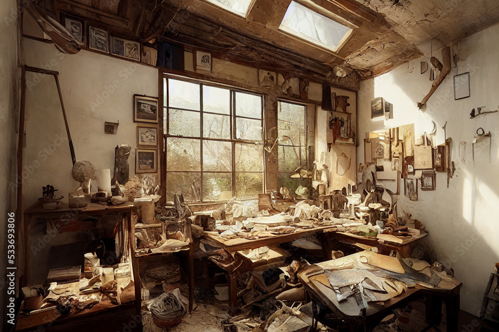 Concept art illustration of artist workshop interior design Stock ...