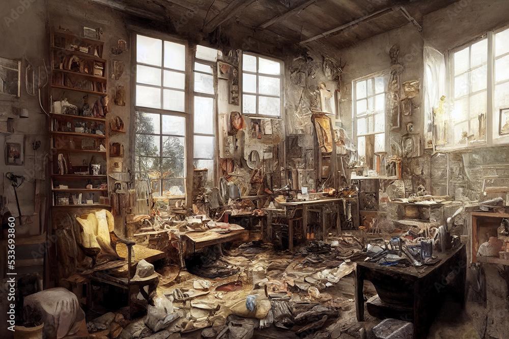 Concept art illustration of artist workshop interior design ilustração ...