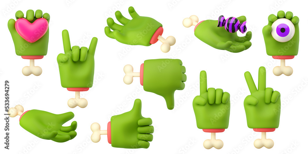 3d zombie hands set in plastic cartoon style. Different fingers and ...