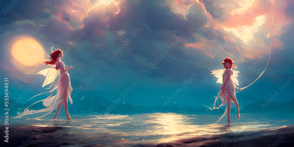 children's tale fairies over the sea. banner with magic fairies ...