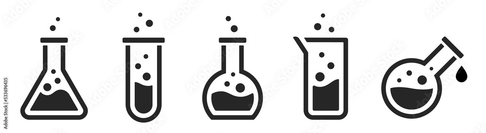 Lab flask icon set. Chemical test tube collection. Сhemistry and ...