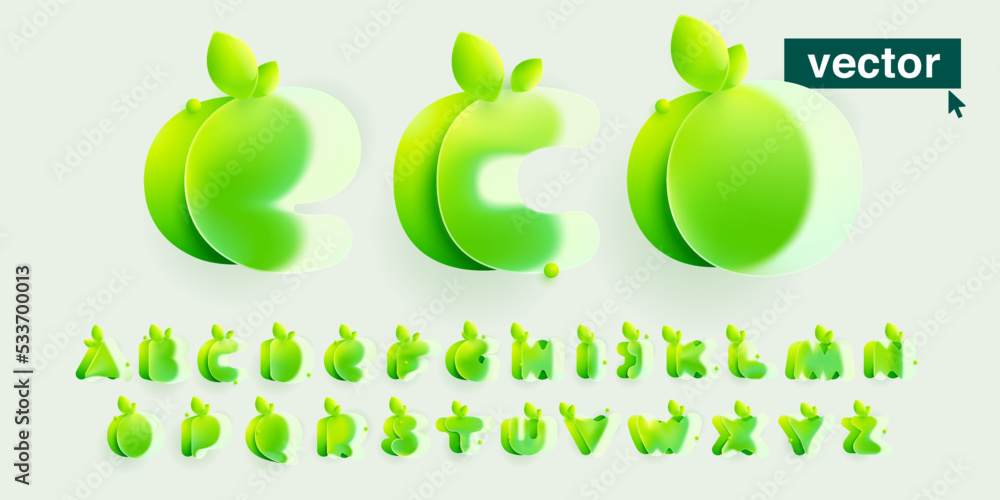 Ecology alphabet in realistic Glassmorphism style. Vector blurry ...