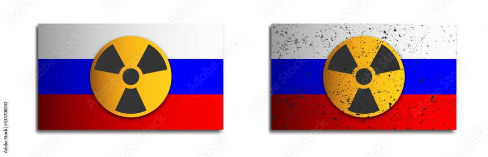Russian flag with radiation symbol. Radioactive contamination symbol ...
