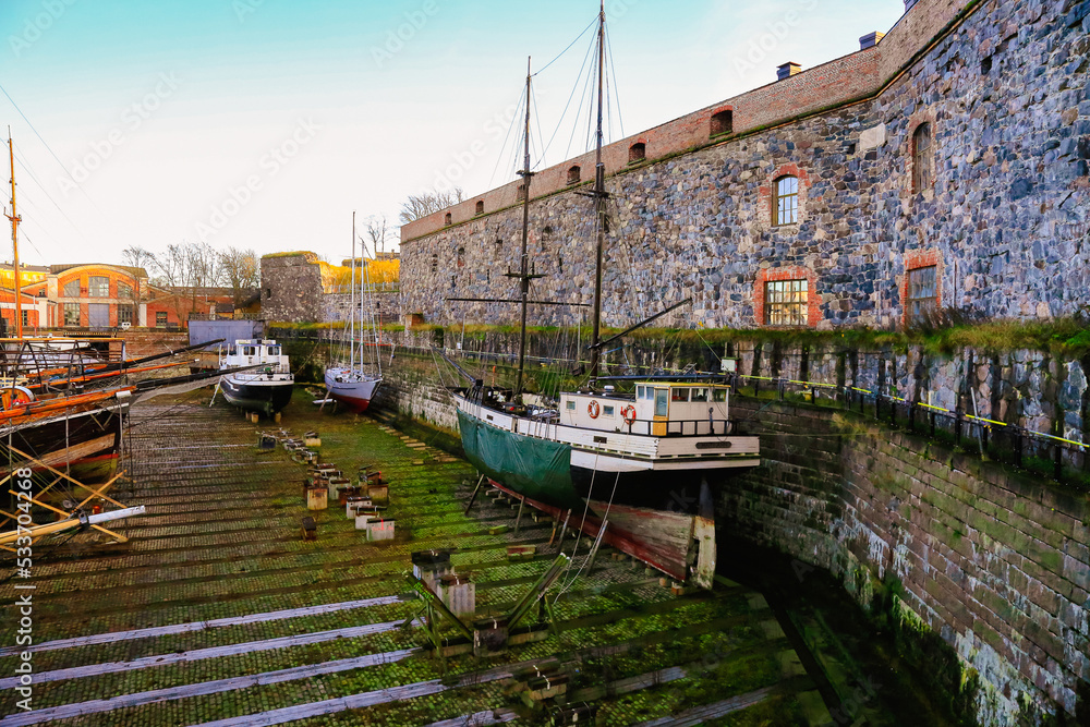 Medieval dry dock in famous Finnish Sveaborg fort on Baltic sea. Large ...