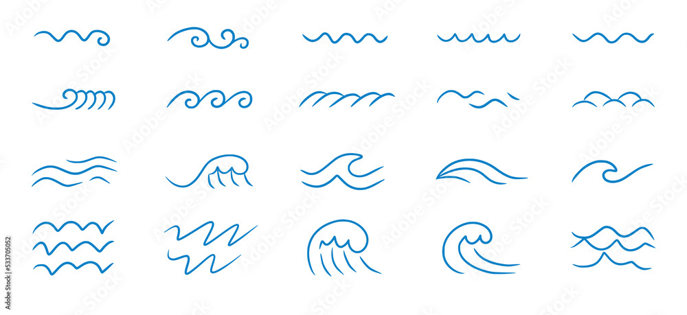 Wave sea line doodle icon set. Hand drawn sketch water wave outline ...