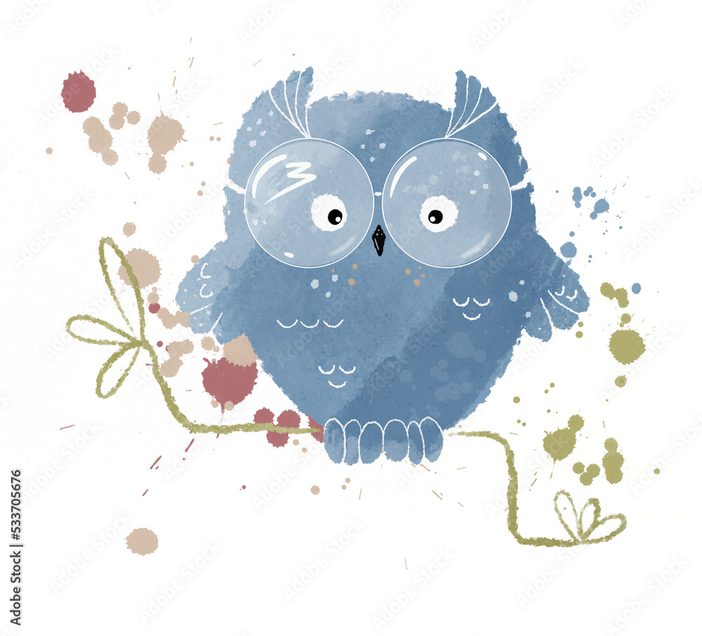 Cute baby owl watercolor illustration. Cartoon blue owl drawing. Watercolor bird illustration ...