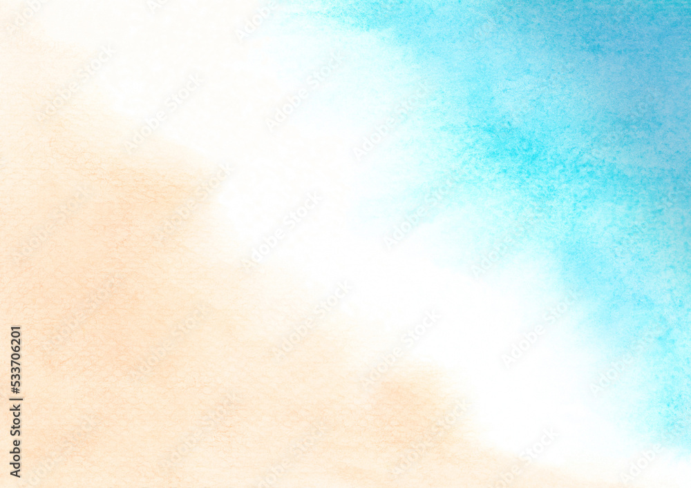 Watercolor painting blue ocean wave on sandy beach background. Abstract ...