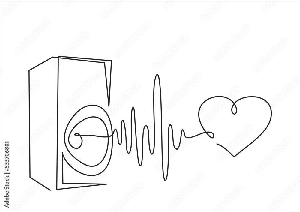 Continuous one line drawing of music column and heart as line drawing ...