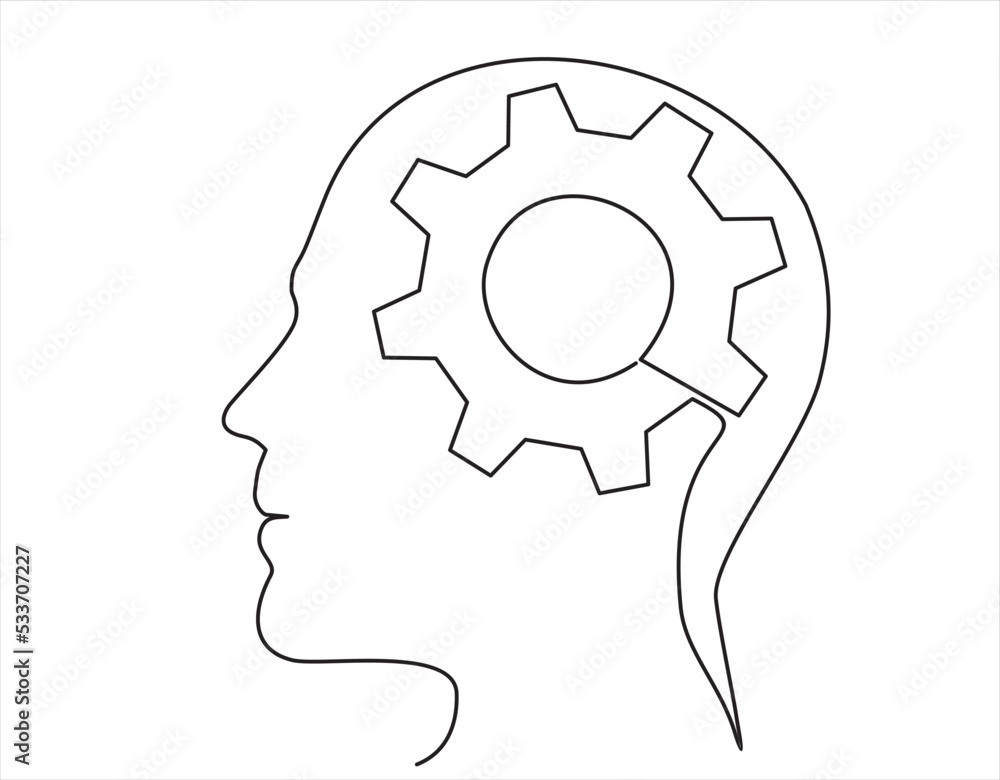 Continuous one line drawing of man head and gears inside as line ...