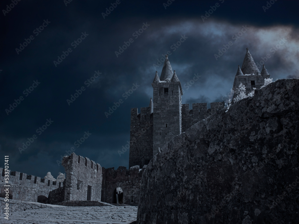 Creepy medieval castle by night Stock Photo | Adobe Stock