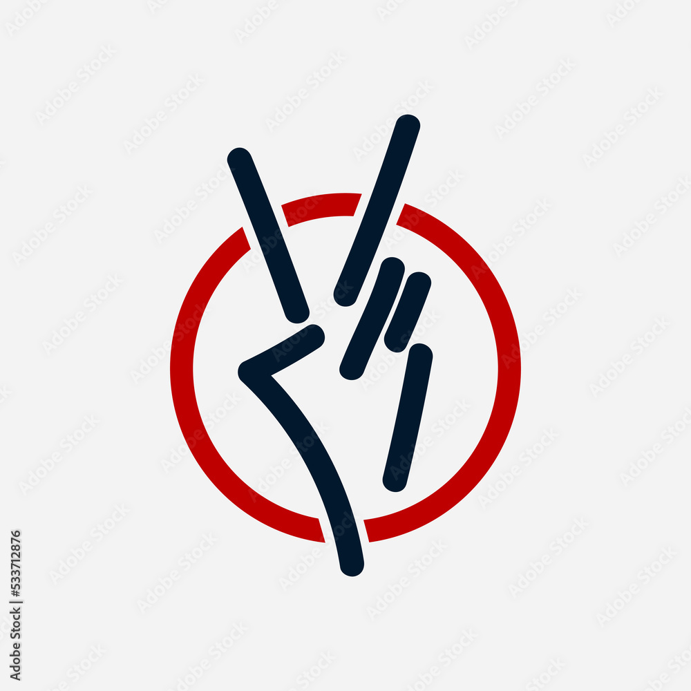 Victory sign hand icon.Peace symbol.Red circle frame isolated on light ...