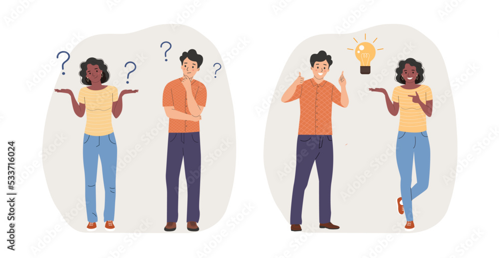 Young woman and man surrounded by a question mark and finding new idea ...
