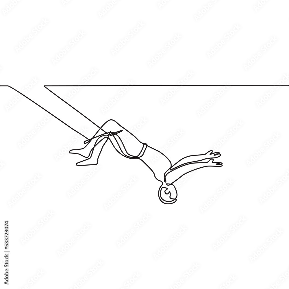 Draw a single line of an acrobat on a trapeze with legs dangling and ...