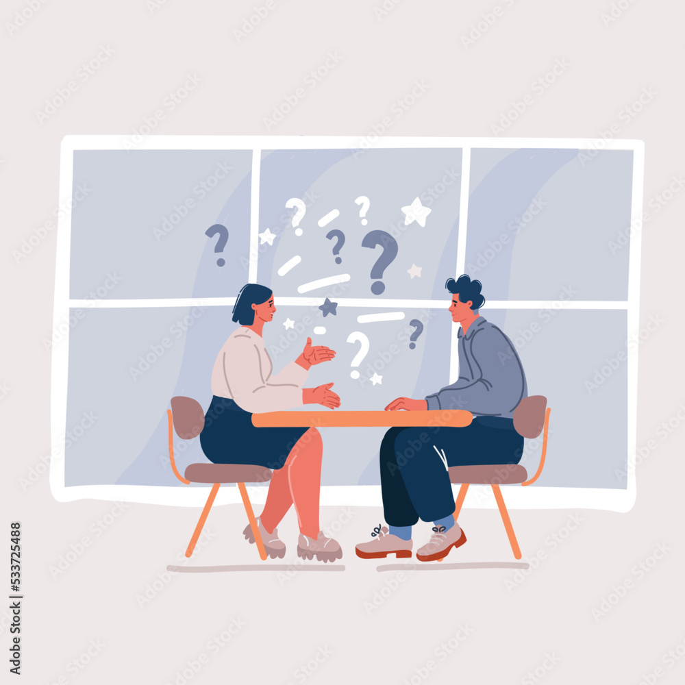 Vector illustration of two people. Man and woman interview. Talking ...