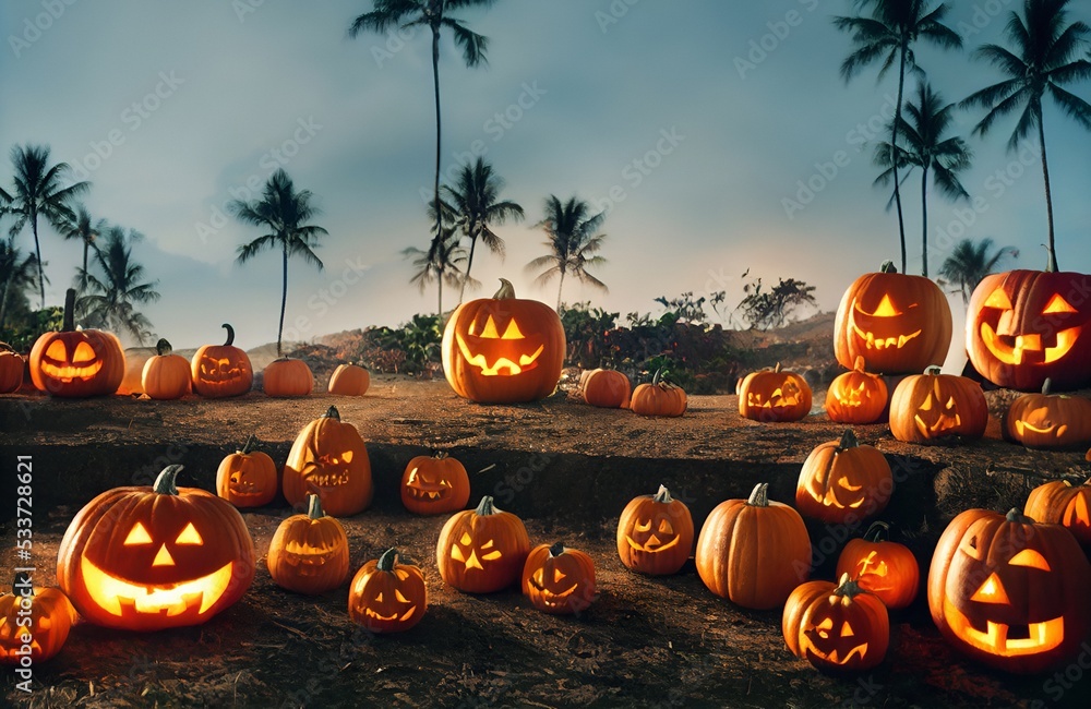 Artistic painting of Halloween pumpkin party AT the tropical Beach ...