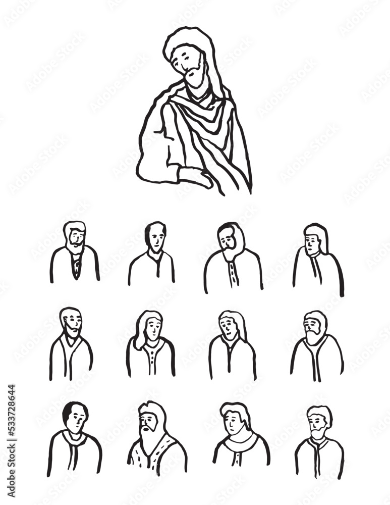 Jesus and his 12 apostles - Black and White Sketch Stock Vector | Adobe ...