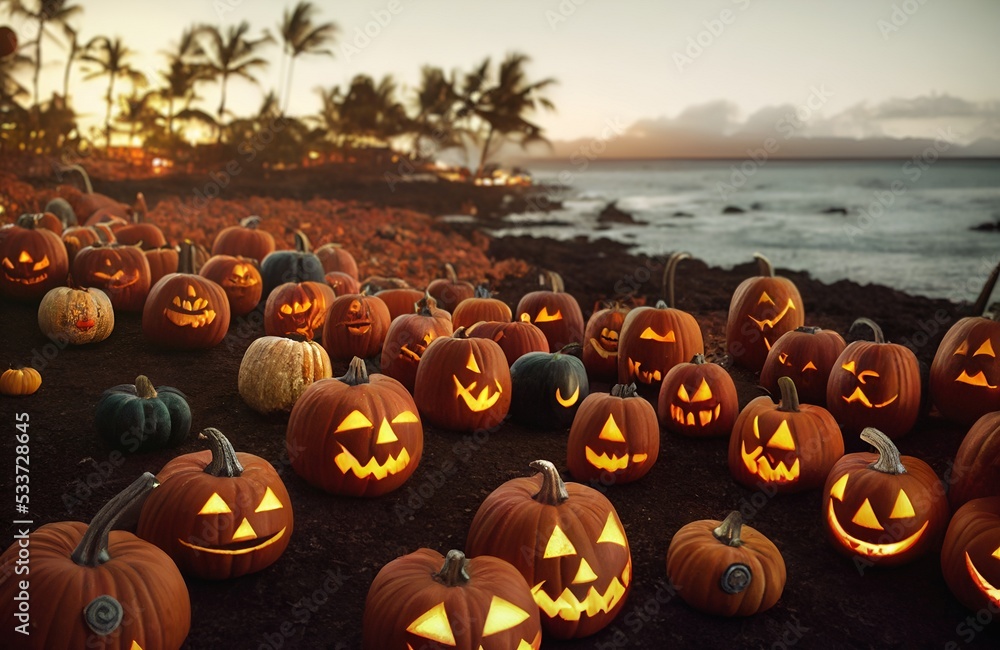Artistic painting of Halloween pumpkin party AT the tropical Beach ...