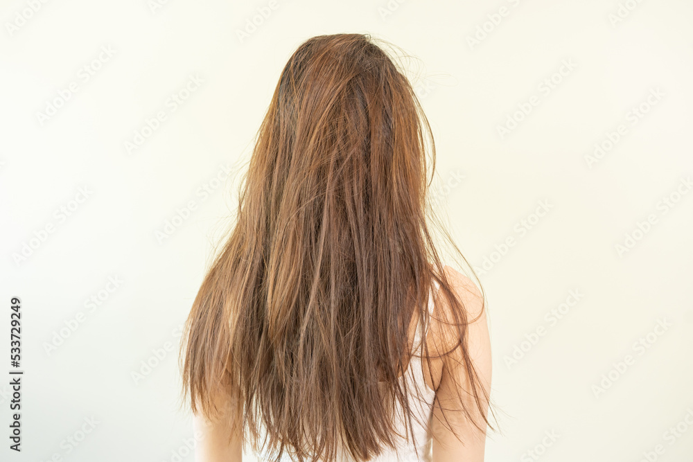 Damaged hair, frustrated asian young woman, girl in splitting ends ...