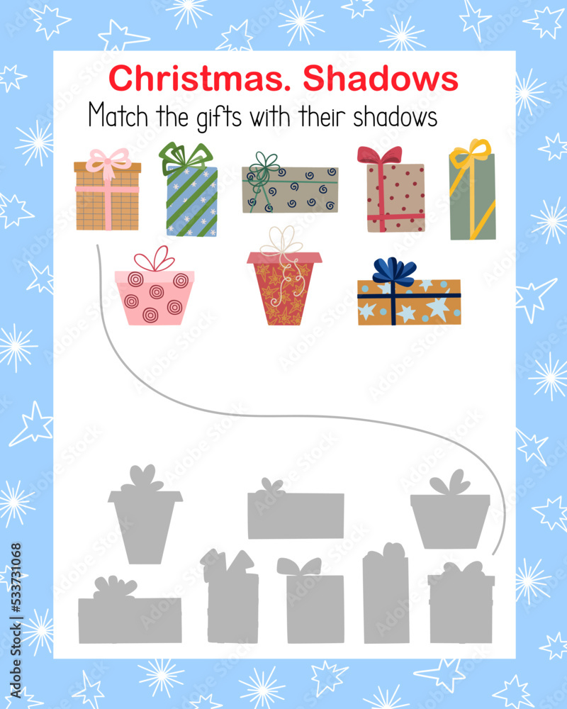 Christmas gifts and their shadows matching game, xmas and New Year ...