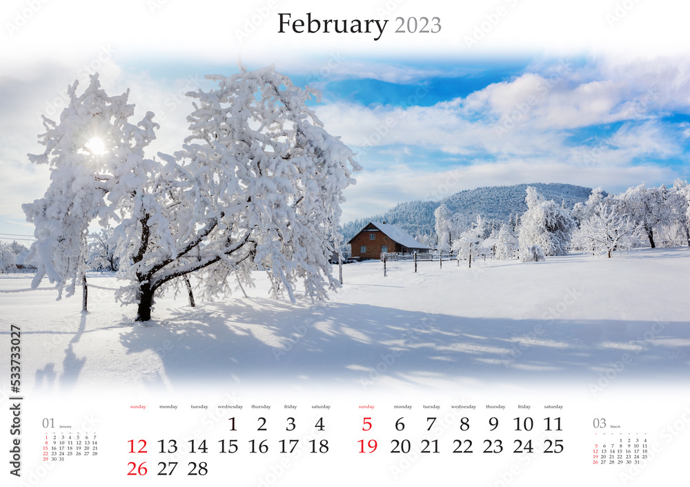 Horizontal wall calendar for 2023 year. February, B3 size. Set of ...