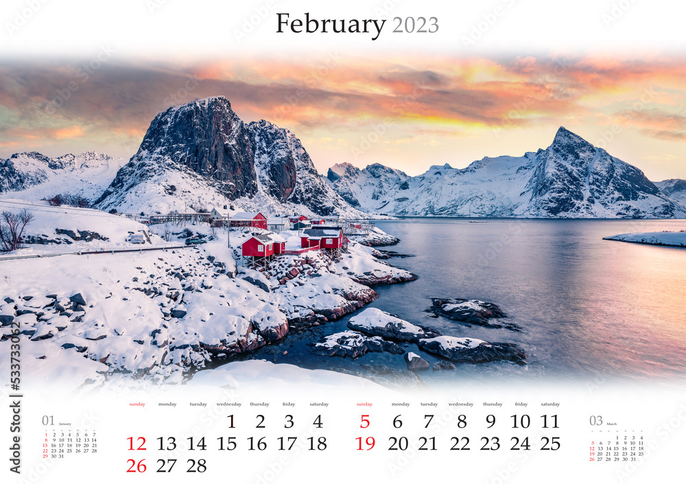 Horizontal wall calendar for 2023 year. February, B3 size. Set of ...