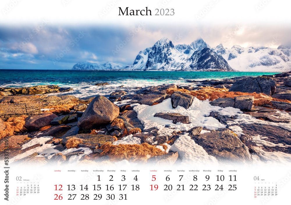 Wall calendar for 2023 year. March, B3 size. Set of calendars with ...