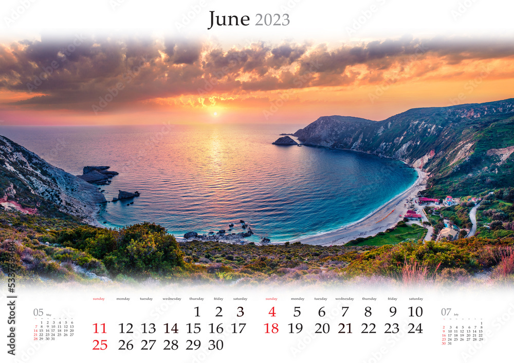 Wall calendar for 2023 year. June, B3 size. Set of calendars with ...