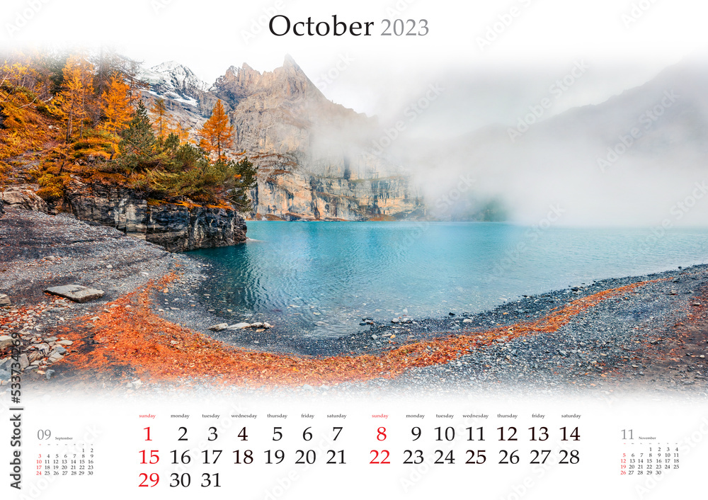 Wall calendar for 2023 year. October, B3 size. Set of calendars with ...