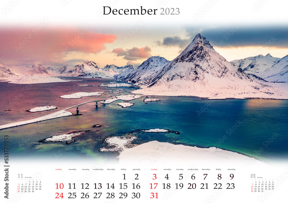 Wall calendar for 2023 year. December, B3 size. Set of calendars with ...