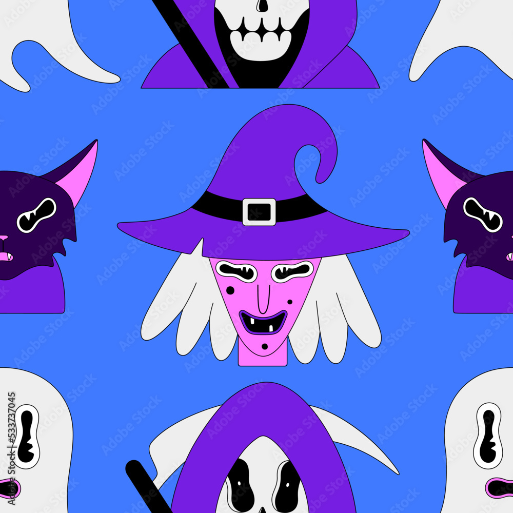 Halloween seamless pattern. Colorful spooky fantasy characters on blue ...