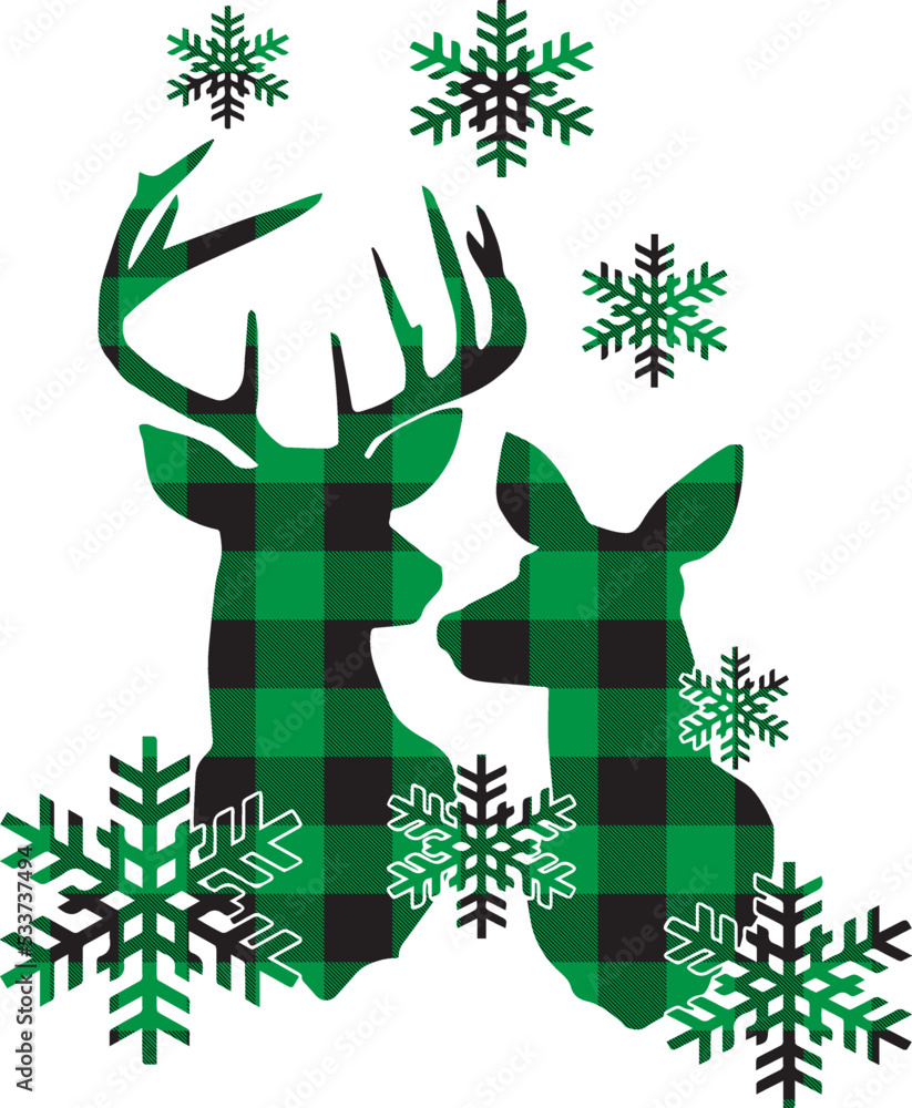 Deer head Green buffalo plaid set. Vector illustration woodland animal ...